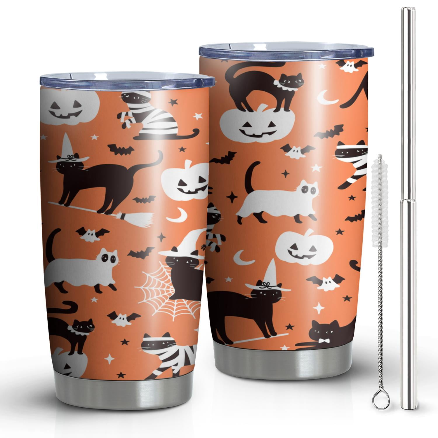 Hallween Spooky Black Cats Pumpkin Tumbler with Straw, Spooky Black ...