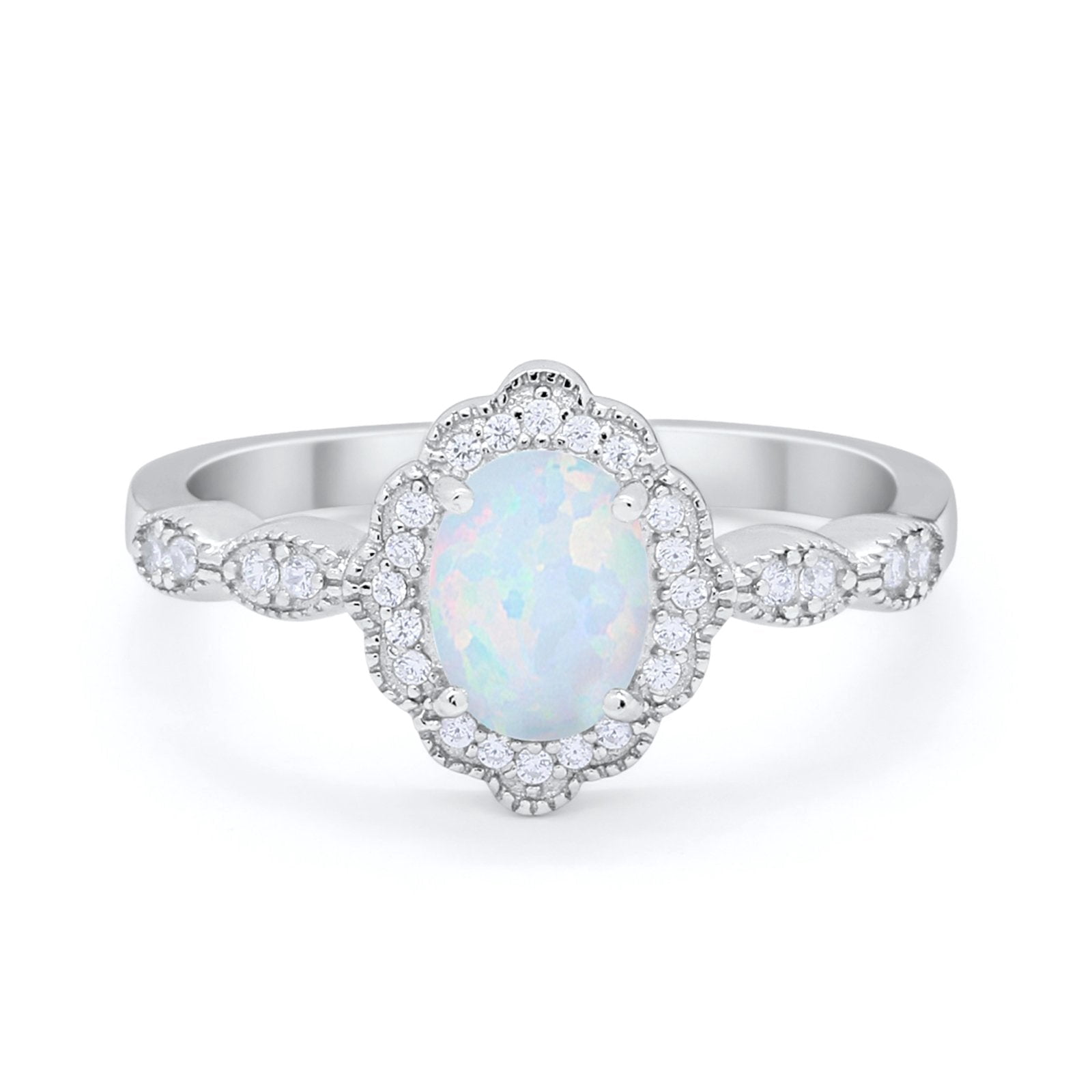 Halo Art Deco Oval Engagement Ring Lab Created White Opal 925 Sterling ...