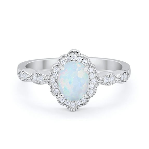 Halo Art Deco Oval Engagement Ring Lab Created White Opal 925 Sterling ...