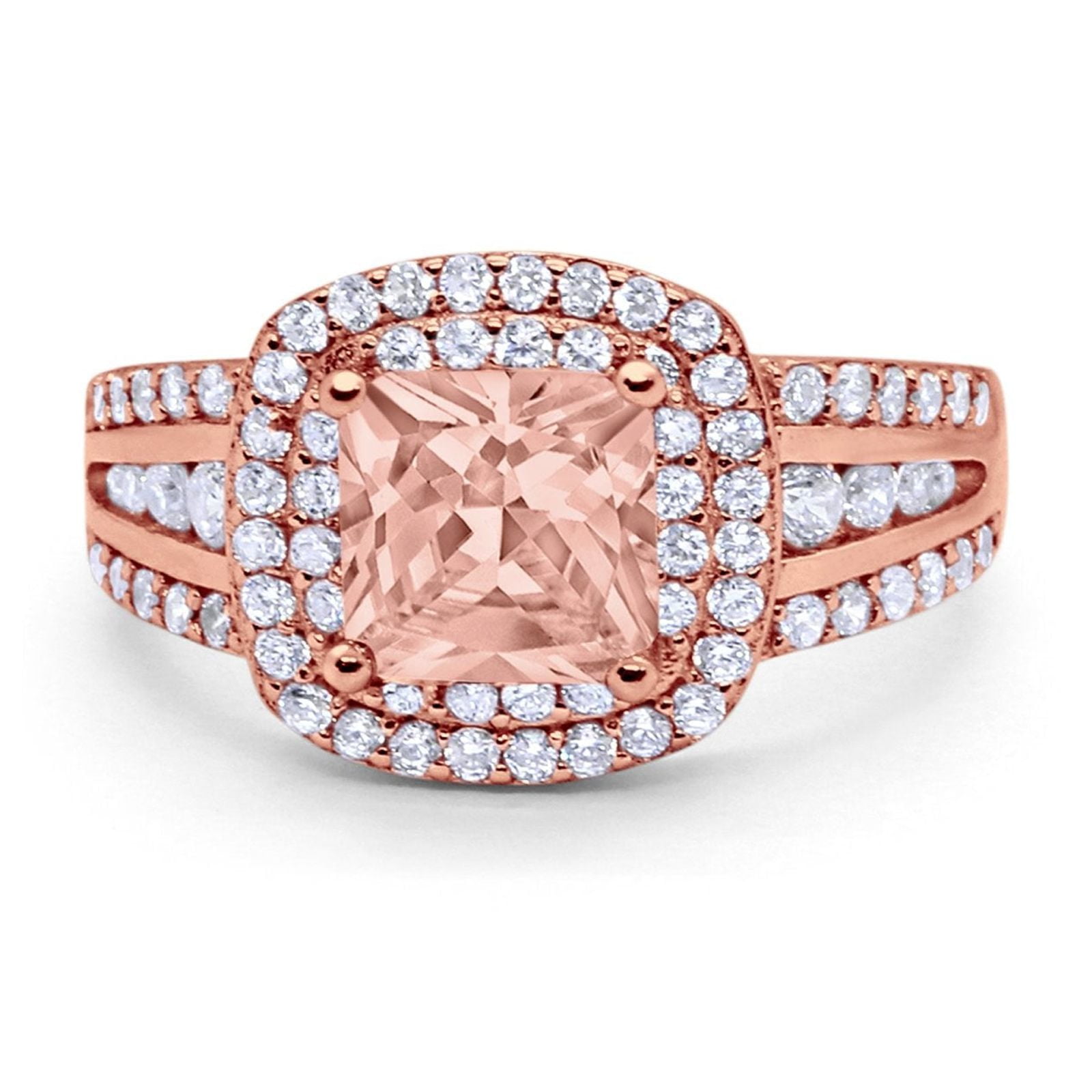 Halo Art Deco Ring Princess Cut Rose Tone Morganite CZ 925 Sterling ...