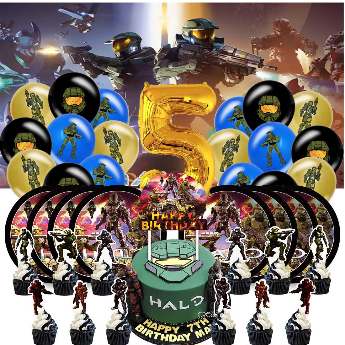 Halo Balloons Party Supplies 5th Decor Tableware Birthday Cake Topper ...