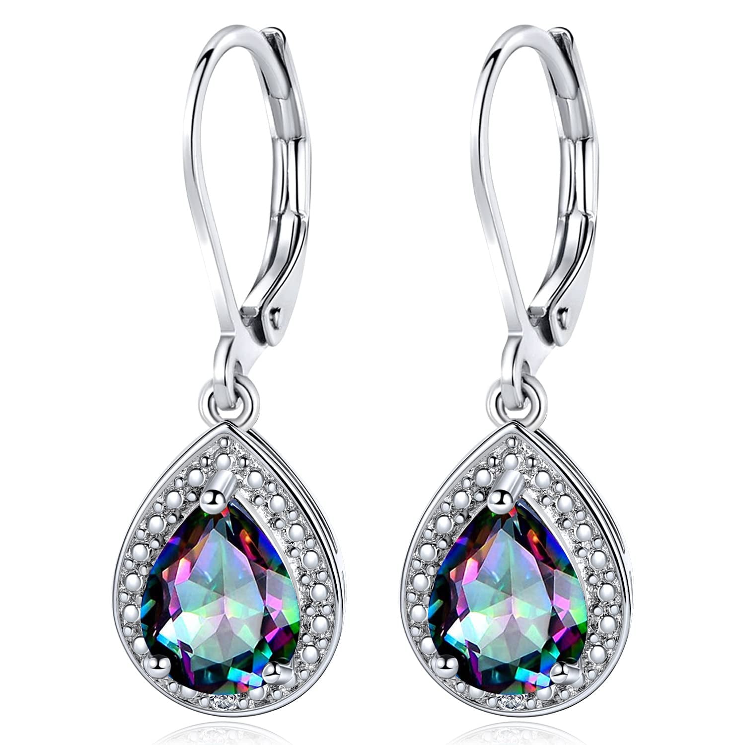 Halo CZ Teardrop Leverback Earrings Simulate Rainbow Quartz Mystic ...