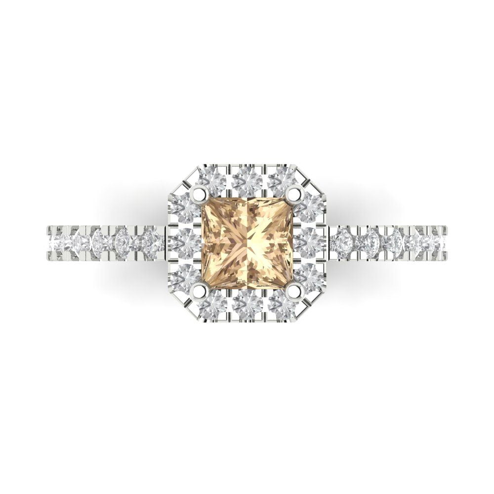 Halo Engagement Ring for Women - 0.89ct Yellow Moissanite in 14K White Gold Promise Ring ...