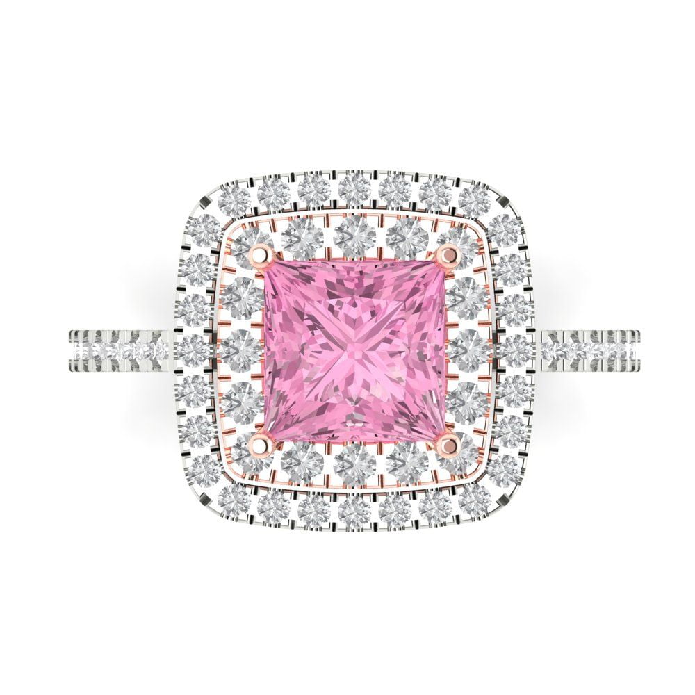 Halo Engagement Ring for Women - 2.07ct Simulated Pink Diamond in 18K White/Rose Gold Promise ...