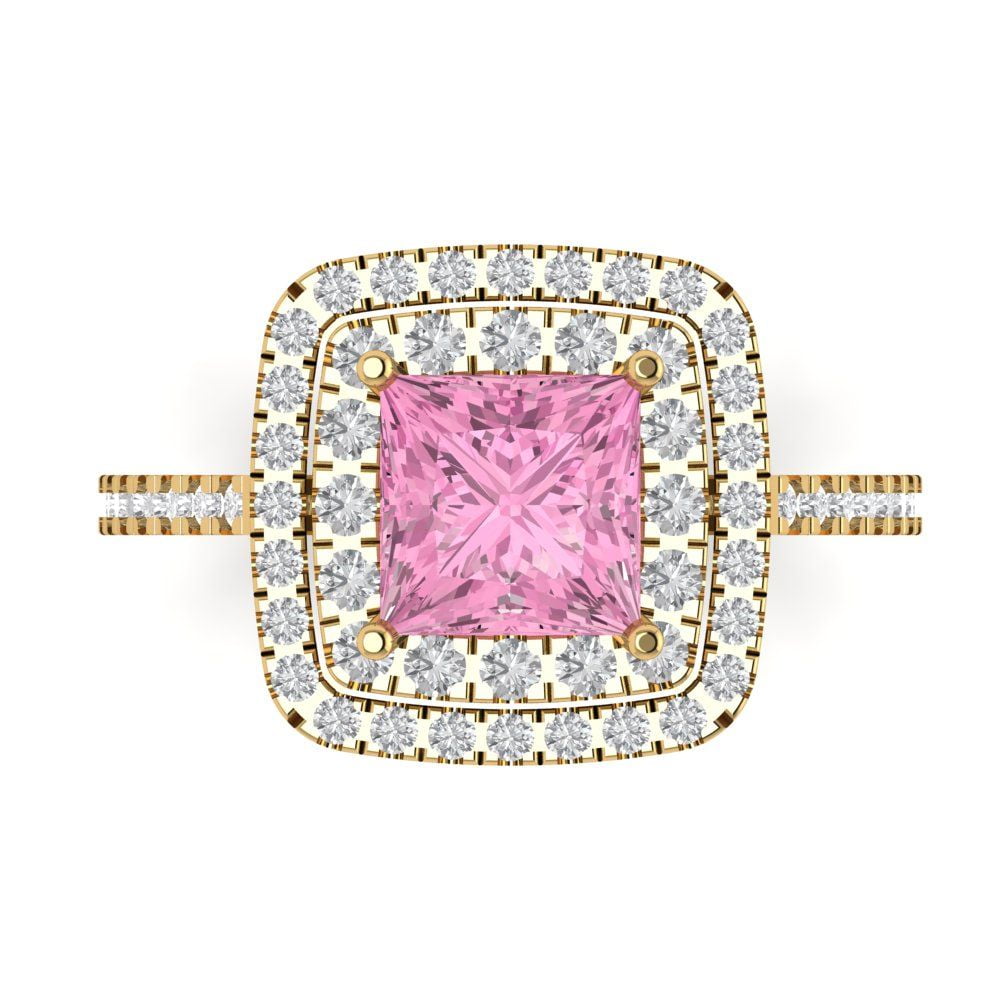 Halo Engagement Ring for Women - 2.07ct Simulated Pink Diamond in 18K Yellow Gold Promise Ring ...