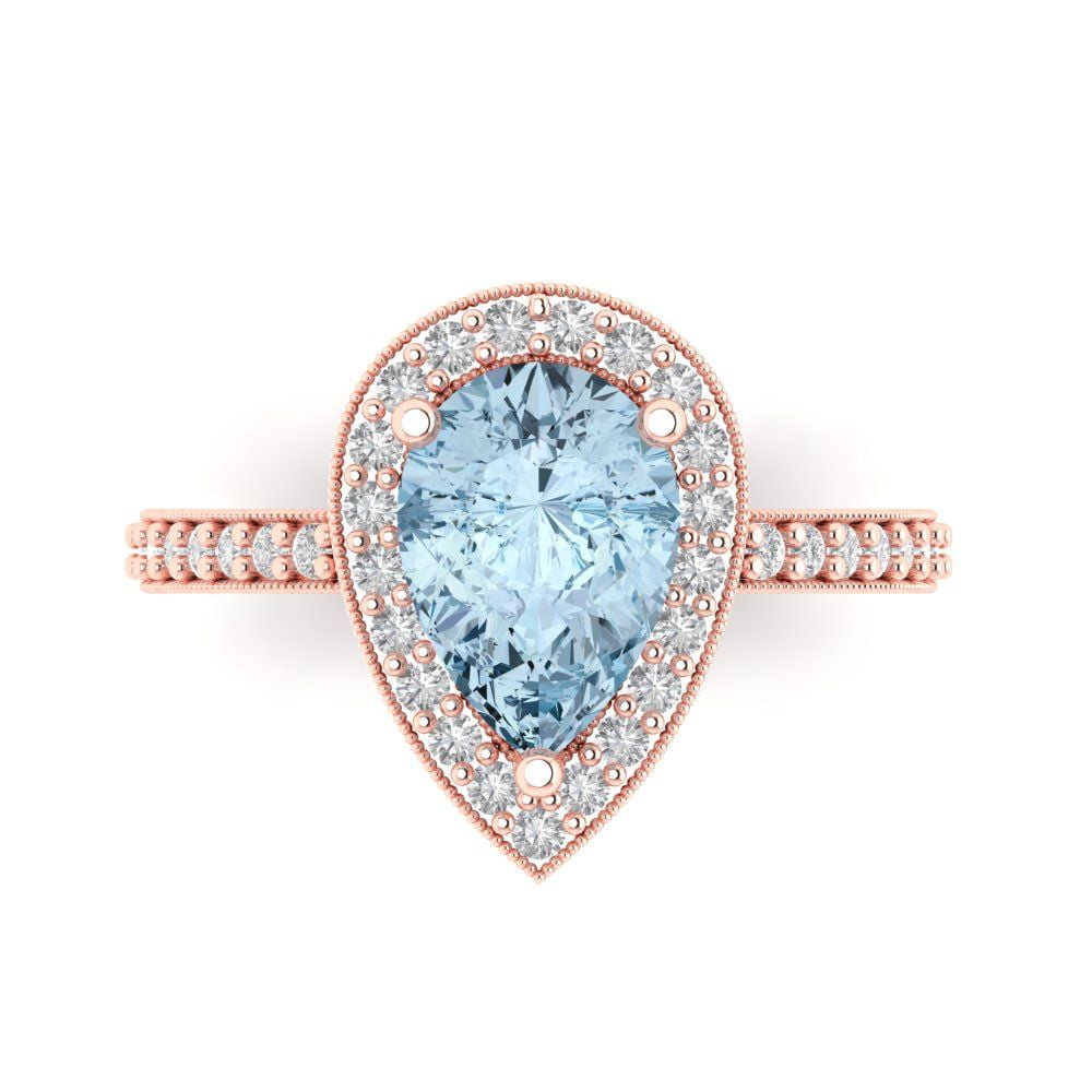 Halo Engagement Ring for Women - 2.36ct Natural Aquamarine in 18K Rose ...