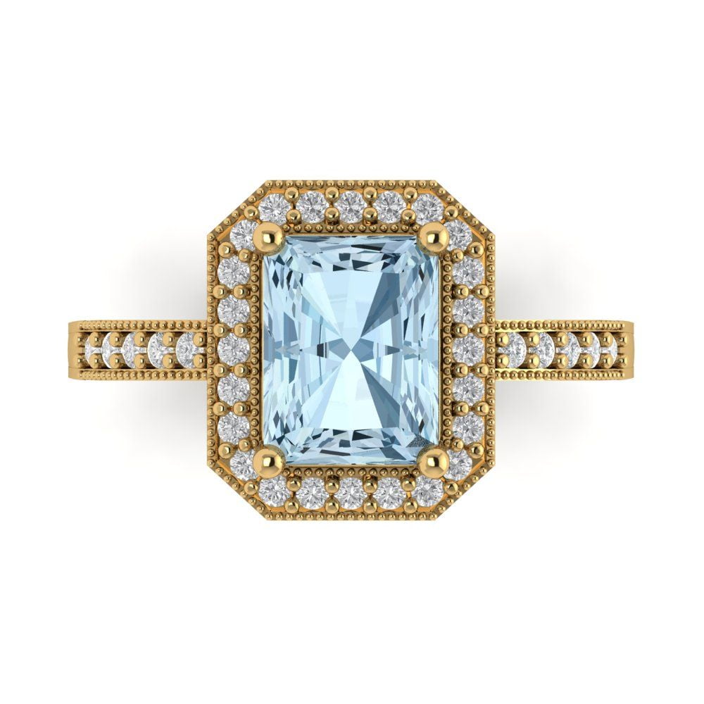 Halo Engagement Ring for Women - 2.78ct Natural Aquamarine in 18K Yellow Gold Promise Ring ...