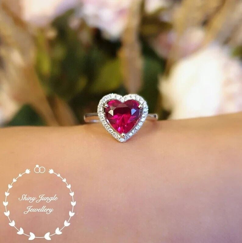 Halo Heart Shaped Genuine Lab Grown Ruby Ring, 2 carats 8*8mm Red Heart ...