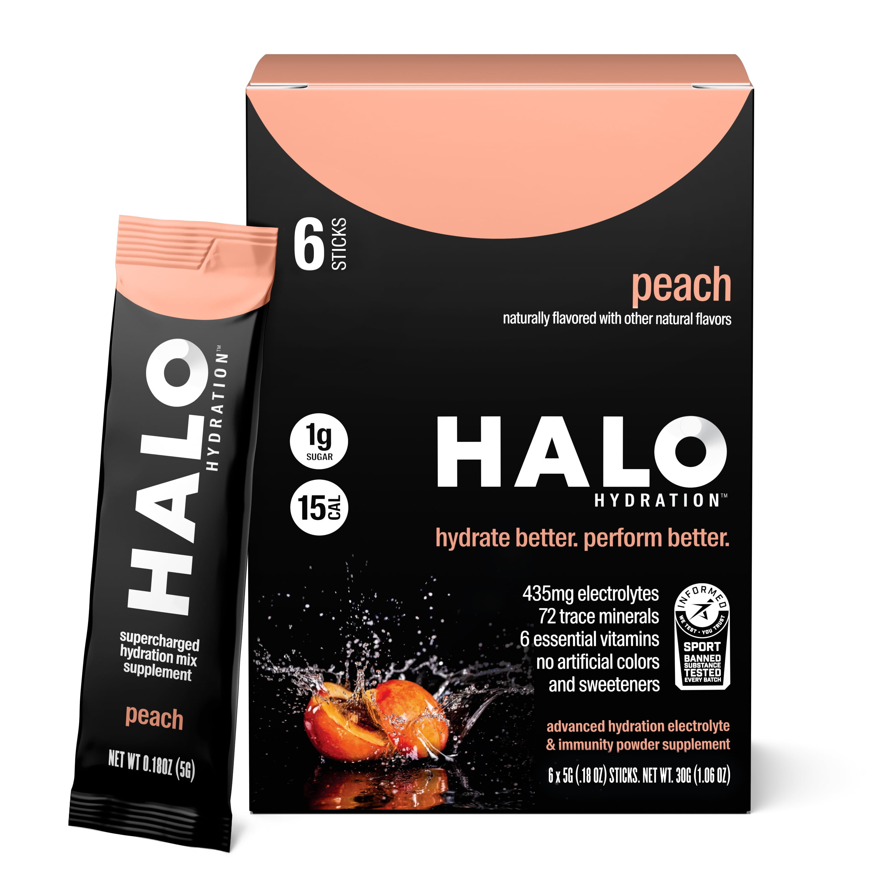 HALO Hydration Electrolyte Powder Drink Mix, Peach Flavor, 6 Count, Low ...