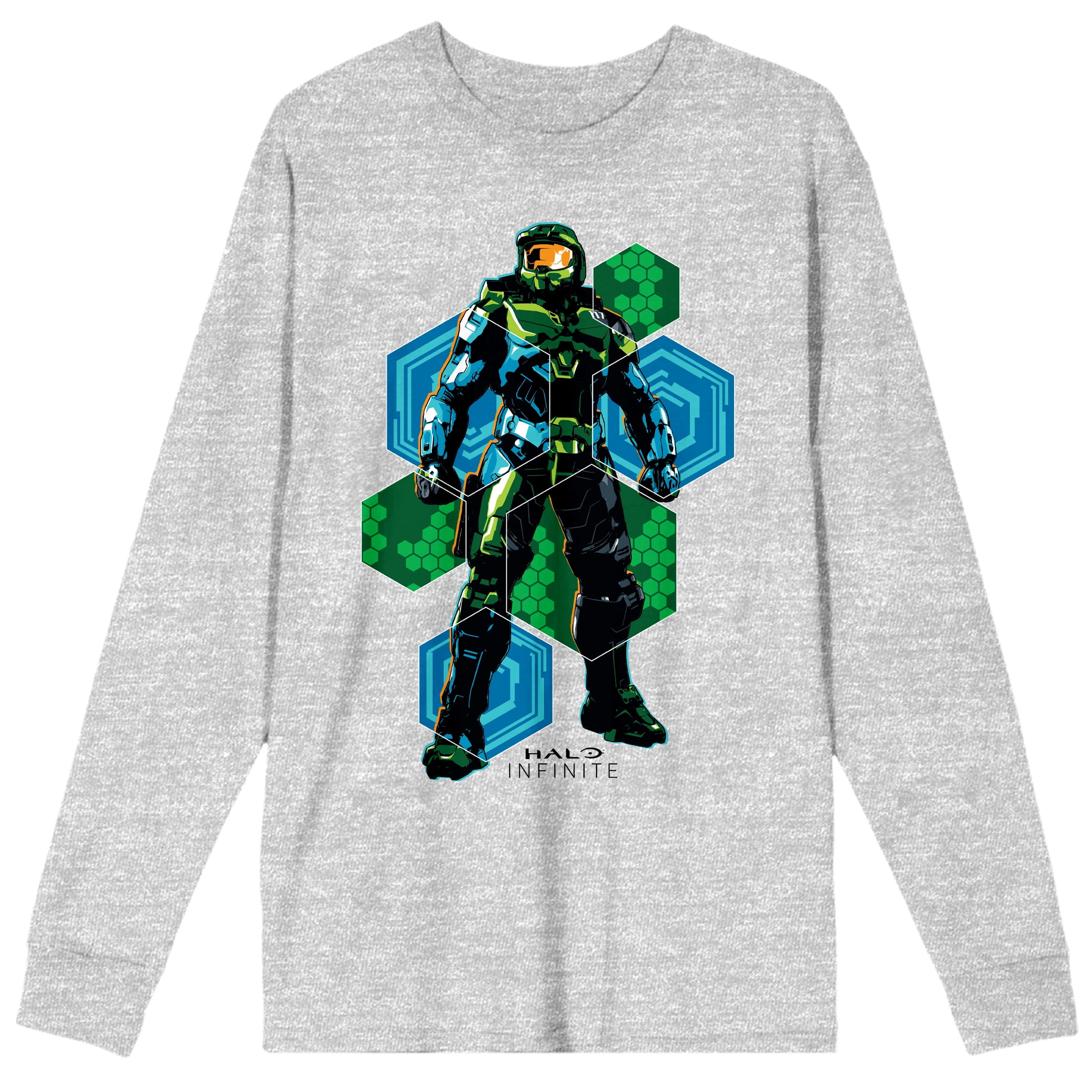 Halo Infinite Soldier On Hexagon Background Crew Neck Long Sleeve Athletic Heather Adult Tee ...