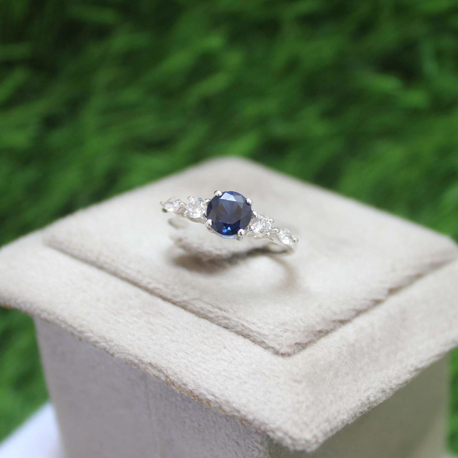Halo Lab Grown Blue Sapphire Ring, 925 Sterling Silver, CZ Diamond ...