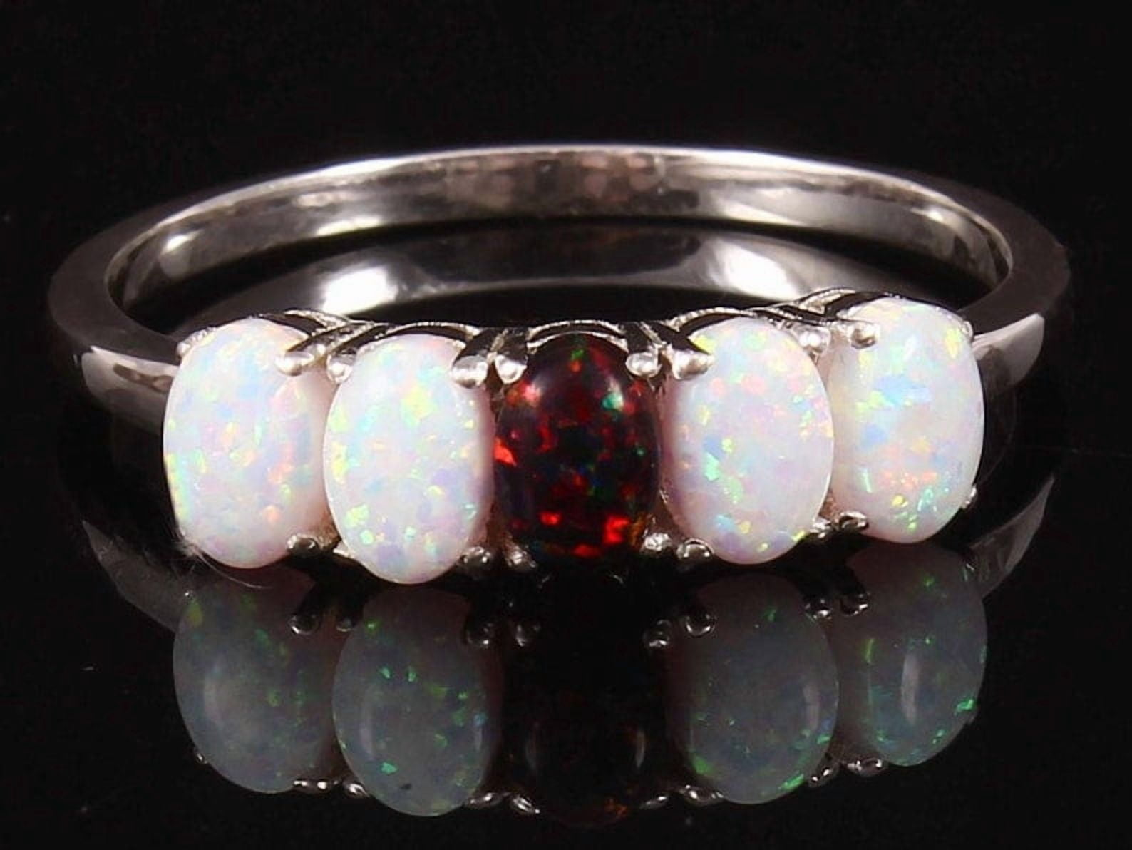 Halo Opal Wedding Band Women Oval White Opal & Black Opal Band Unique Half Eternity Ring Classic ...