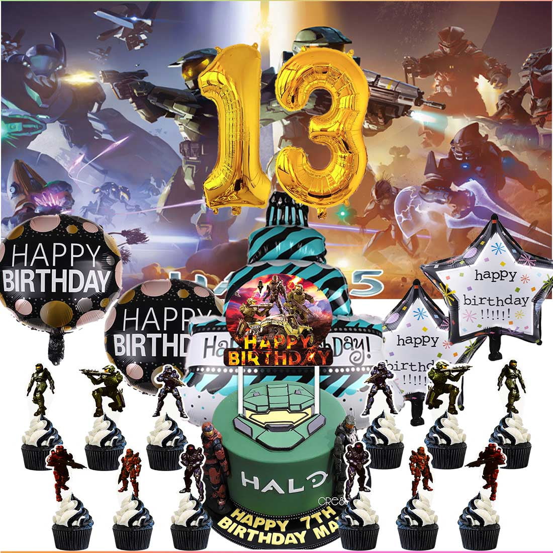 Halo Party Supplies Decor 13th Kit Balloons Birthday Cake Topper Banner ...