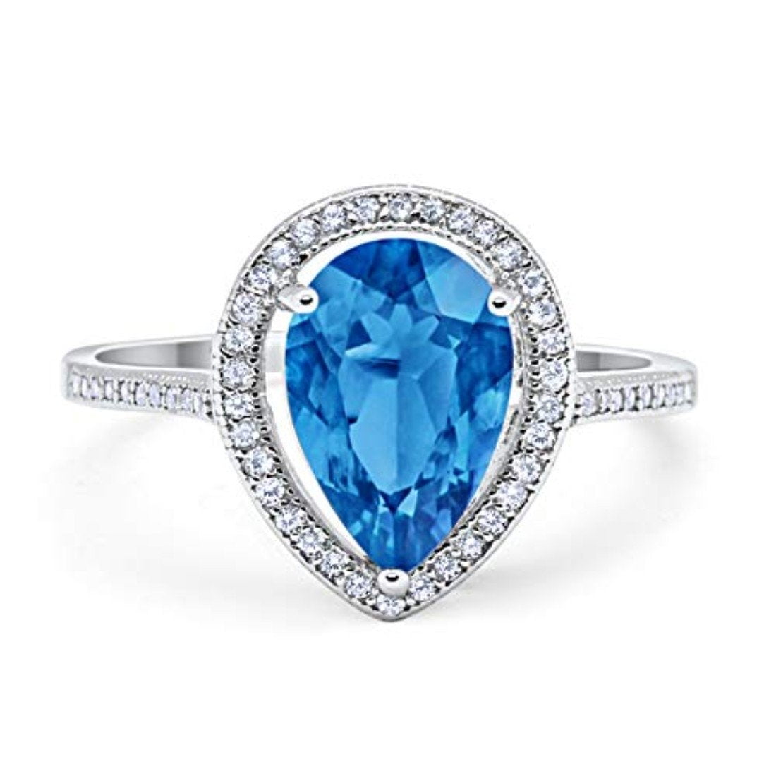 Halo Pear Teardrop Bridal Ring Round Blue Topaz CZ 925 Sterling Silver ...
