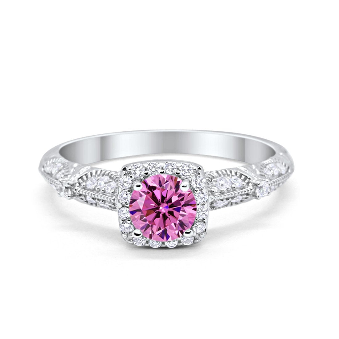 Halo Round Engagement Ring Pink CZ 925 Sterling Silver Size 5 - Walmart.com