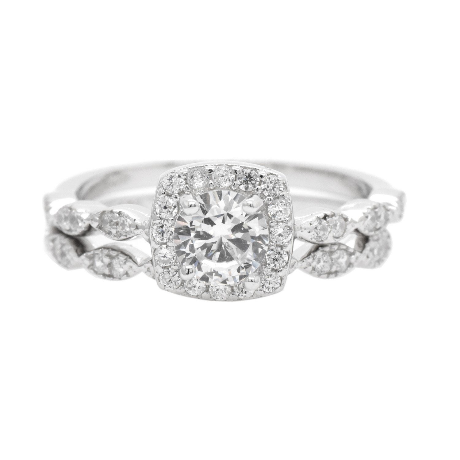 Halo Set Clear Cubic Zirconia Square Stackable Set Ring Sterling Silver ...