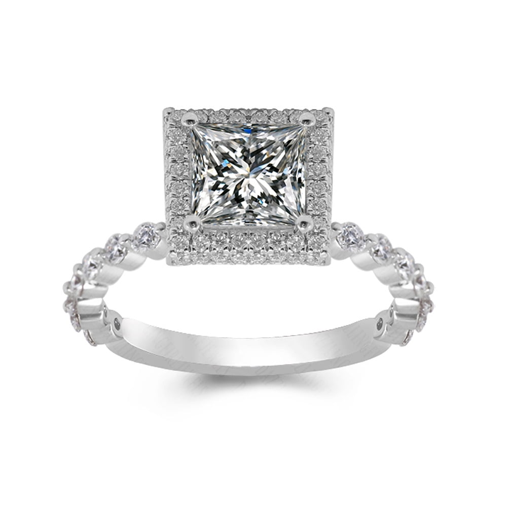 Halo Set Engagement Ring 2.1 Ct Princess Cut Diamond 14K White Gold ...