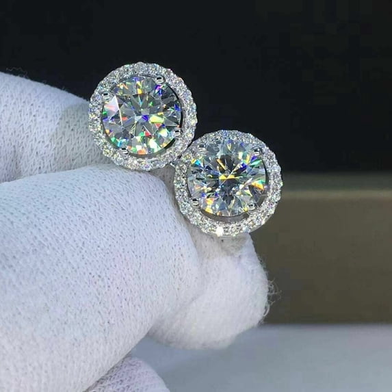 Halo Style 2.20Ct Round Cut Real Moissanite Halo Stud Earrings 14K ...