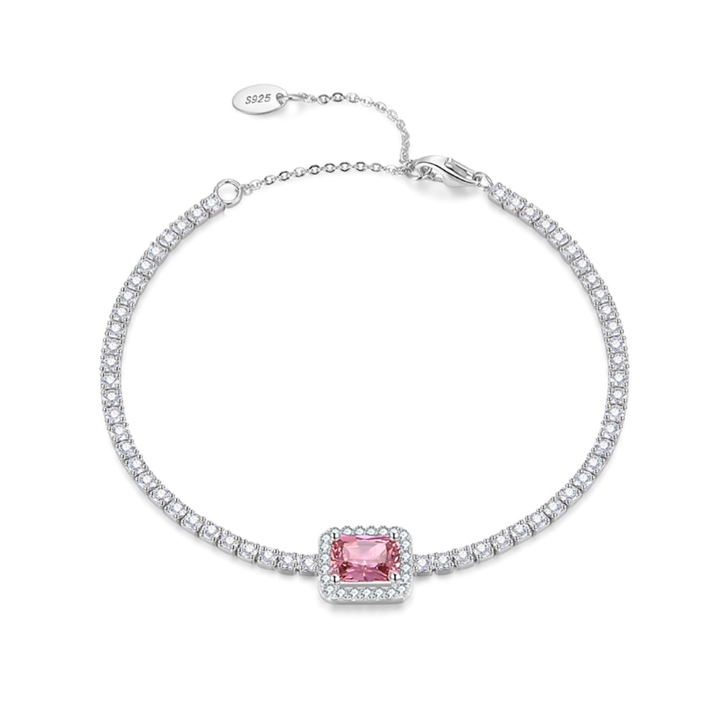 Halo Tennis Chain Bracelet for Women Adjustable Sterling Silver Pink CZ ...