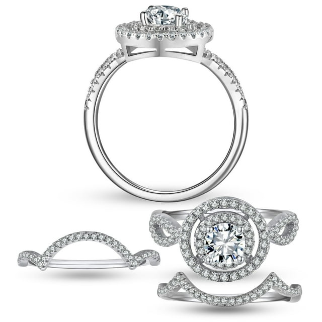 Halo Wedding Ring Set for Women Bridal Engagement Ring 2 Wedding Bands ...