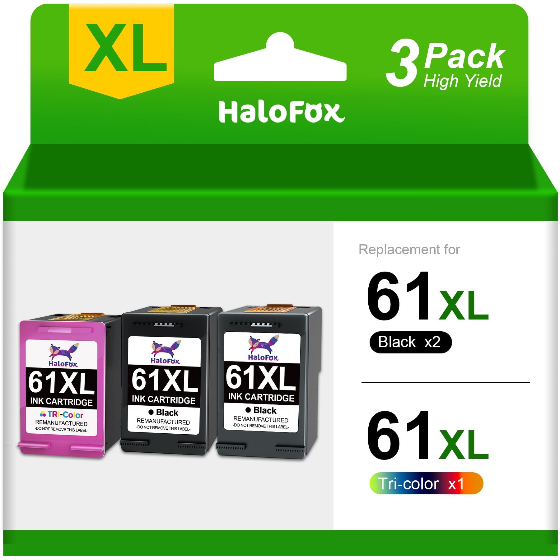 Halofox 61XL High Yield Ink Cartridge Combo for HP Envy, DeskJet, OfficeJet Printers (2 Black, 1 ...