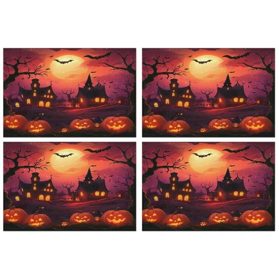 Haloween Scary Night Moon Black Dead Tree Gothic Castle Pumpkin Linen ...