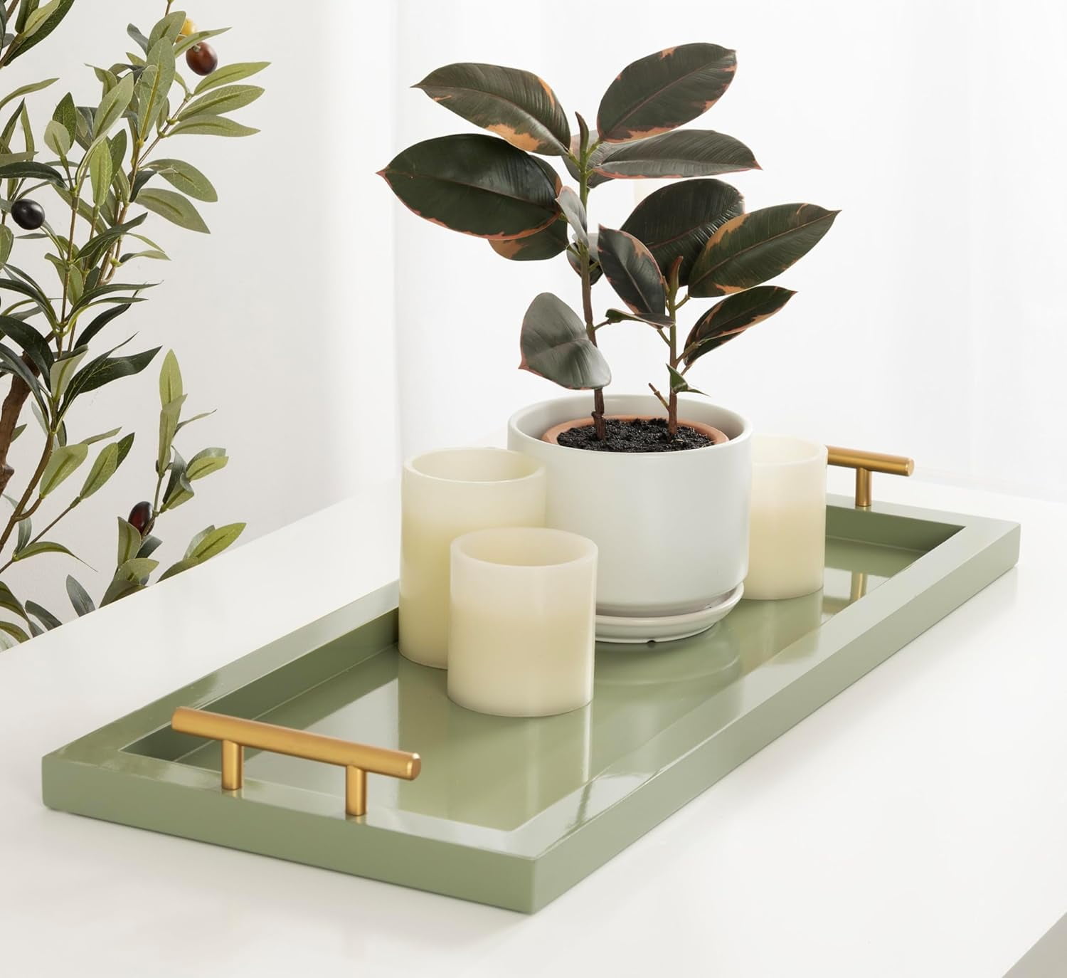 Halsey Rectangle Decorative Narrow Tray with Gold Metal Handles, 24 x ...