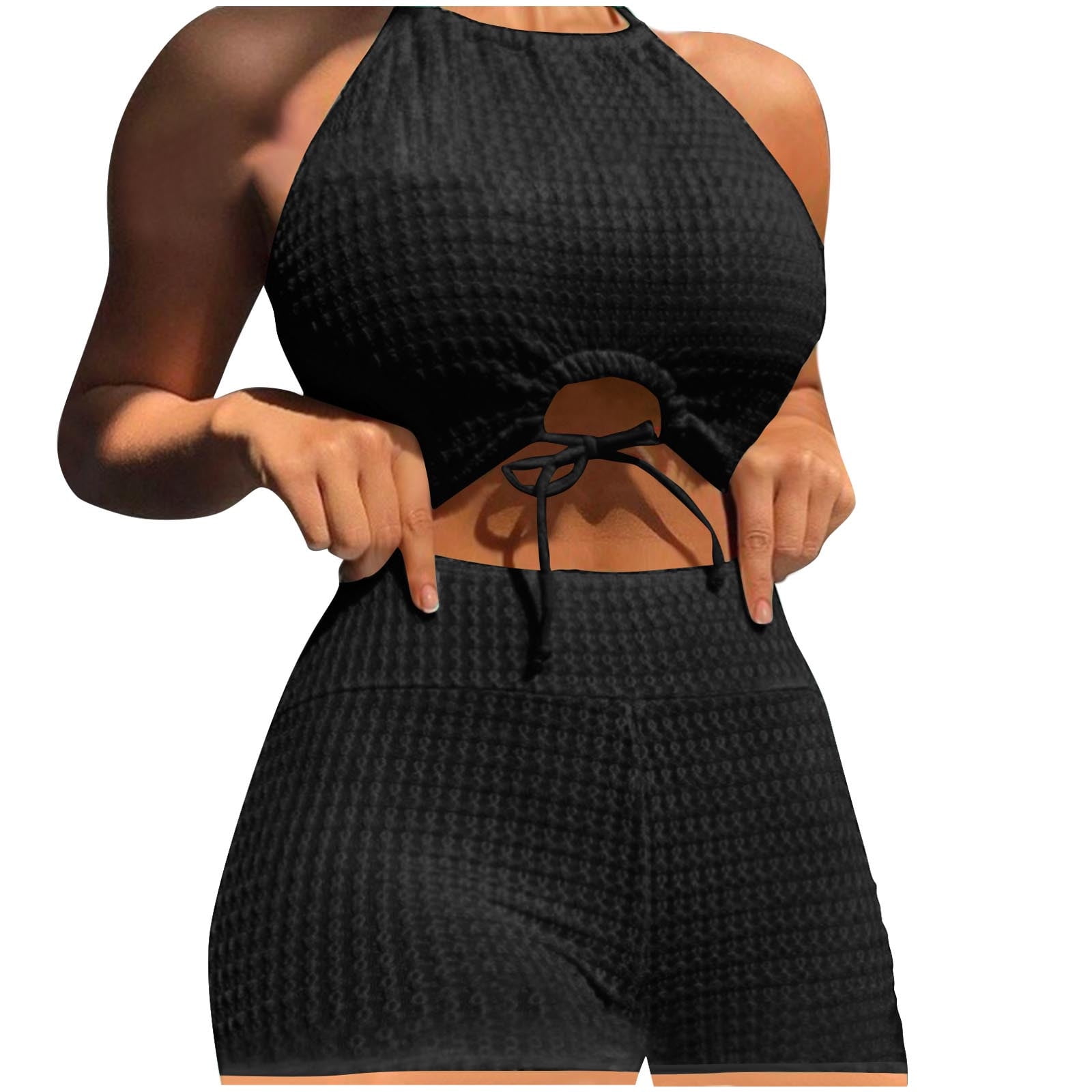 Halter Belt Swimsuits for Women Two Piece Tankini Sets Waffle Knitted ...