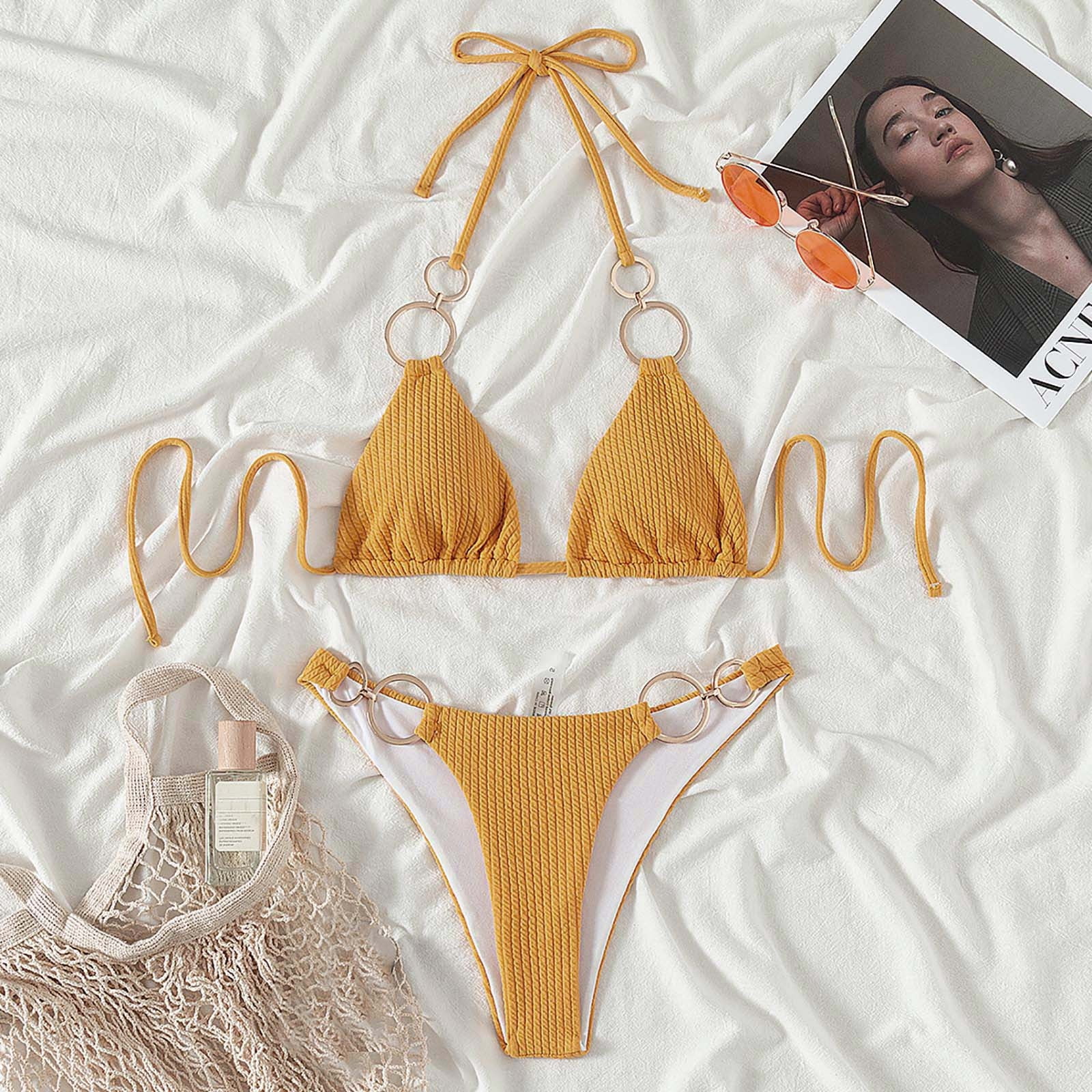 Halter Bikini Swimsuits for Women Ribbed Bathing Suits Strappy Bikini ...
