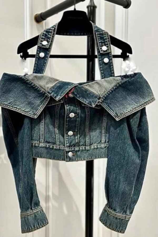 Halter Neck Sexy Off Shoulder Denim Long Sleeve Top (M, DenimBlue ...
