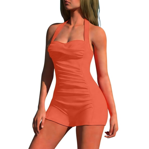 Halter One Piece Swimsuit Women Boyleg Ruched Bathing Suit Padded Open ...