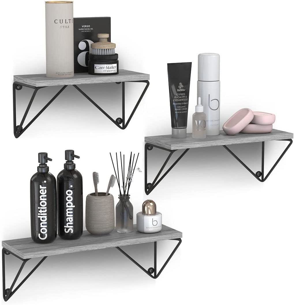 Halter Wall Mounted Floating Shelves Rustic Bookshelves for Bedroom Decor Floating Wall Shelves for Living Room Bedroom Kitchen Bathroom Hanging Shelves Wall Shelf Set of 3 Grey Prism Brackets Walmart...