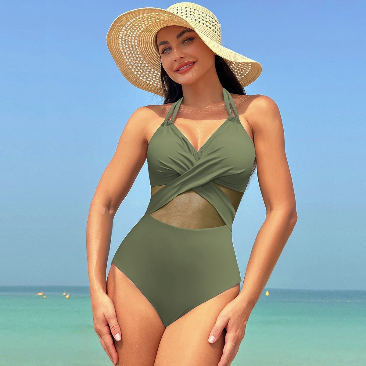 Halter-neck One-piece Swimsuit Summer Solid Color Cross-strap Design Mesh Bikini Beach Vacation ...