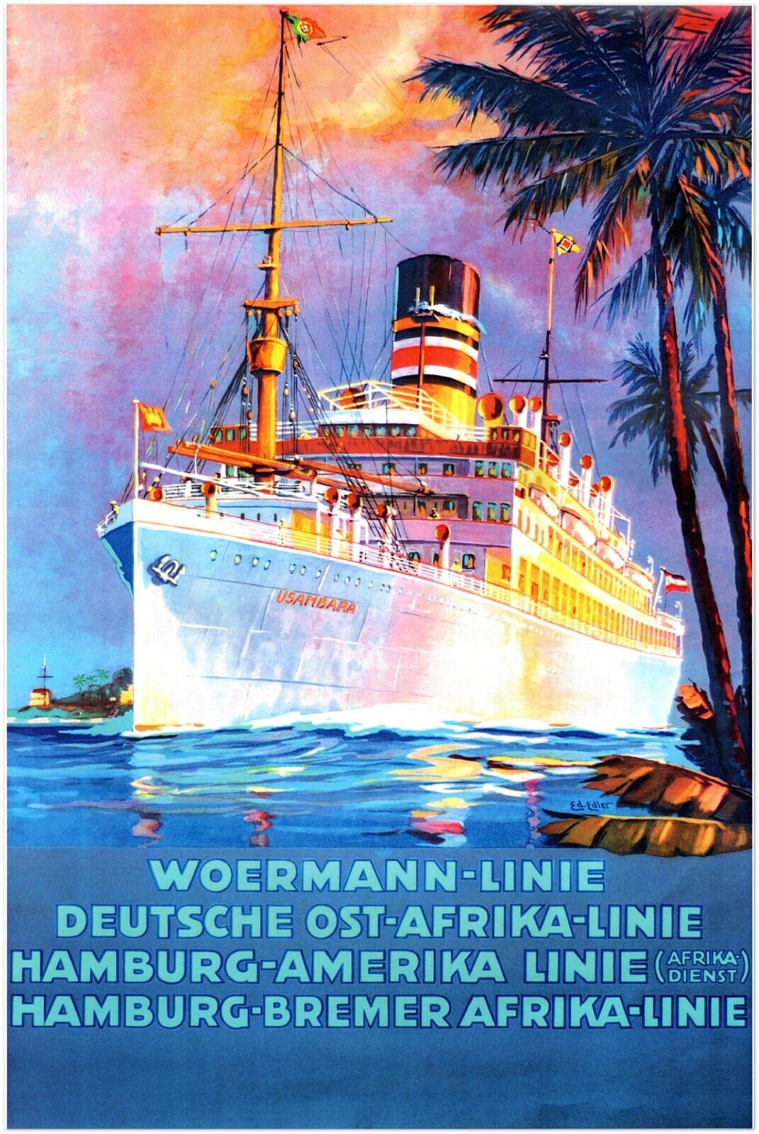 Hamburg to Africa - German Cruise Ship Vintage Travel Poster, Retro ...