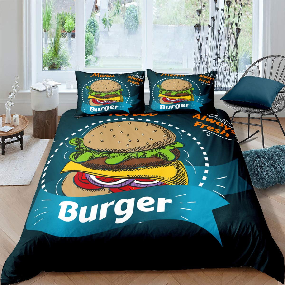 Hamburger Duvet Cover Meat Cheese Fast Food Theme Cartoon Hamburg ...