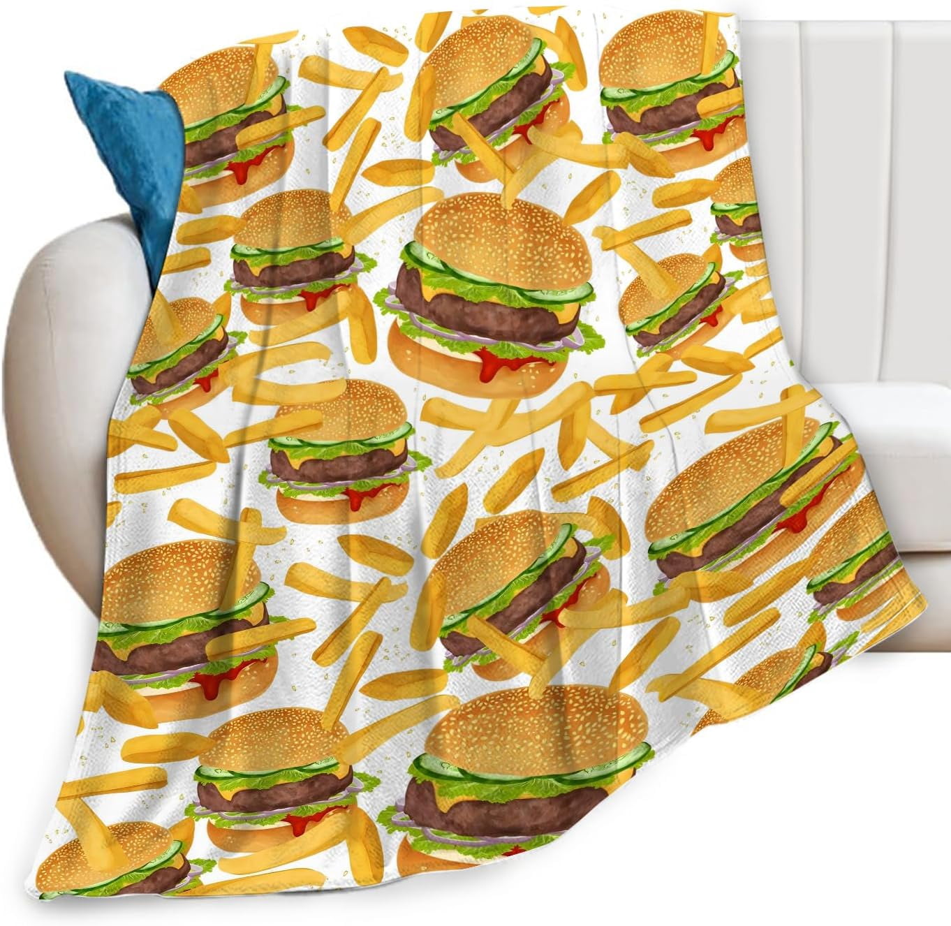 Hamburger French Fries Throw Blanket Burgers Food Funny Cute Meat Print ...
