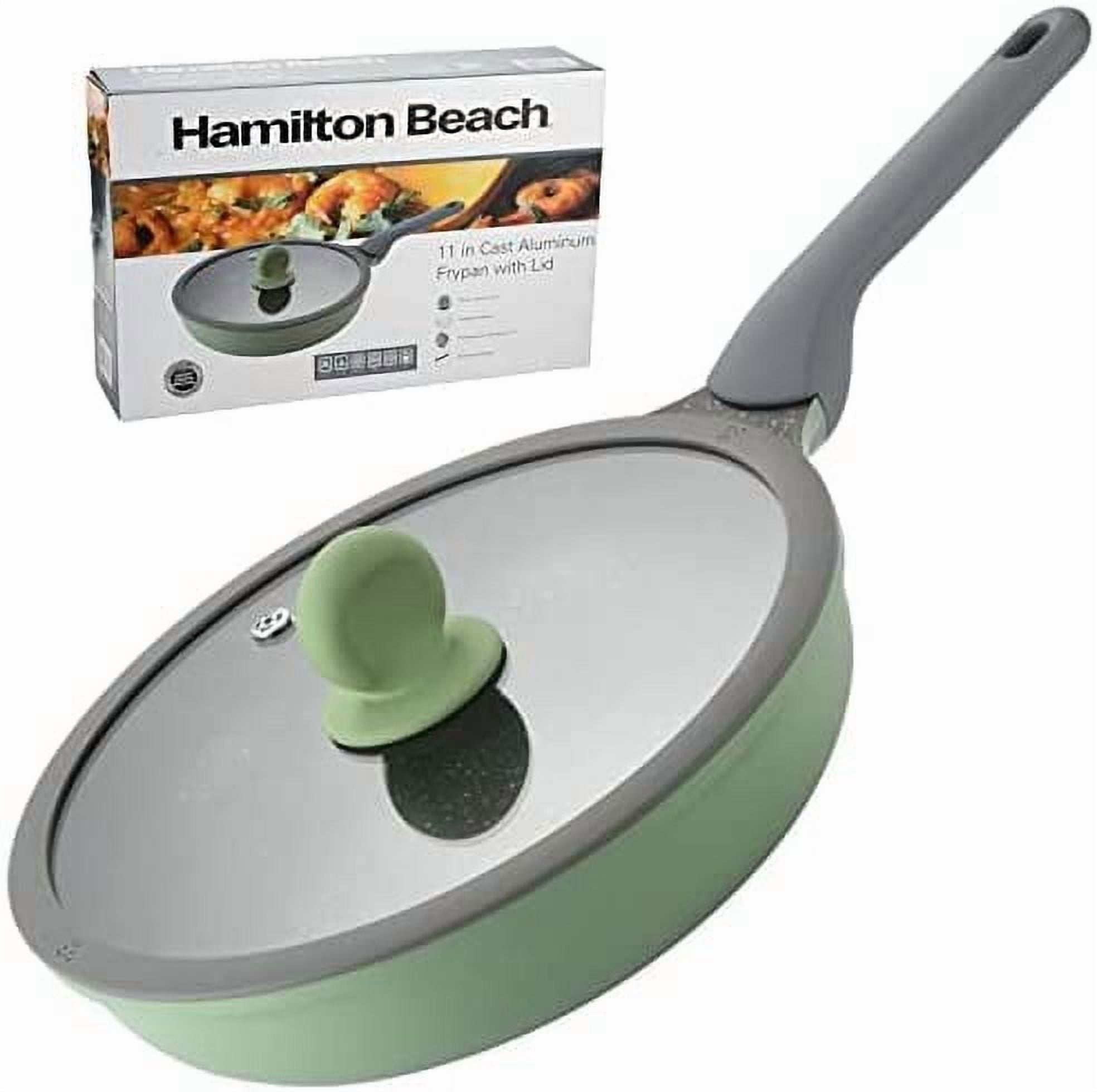 Hamilton Beach Fry Pan 11in Green with Glass Lid Marble Nonstick ...