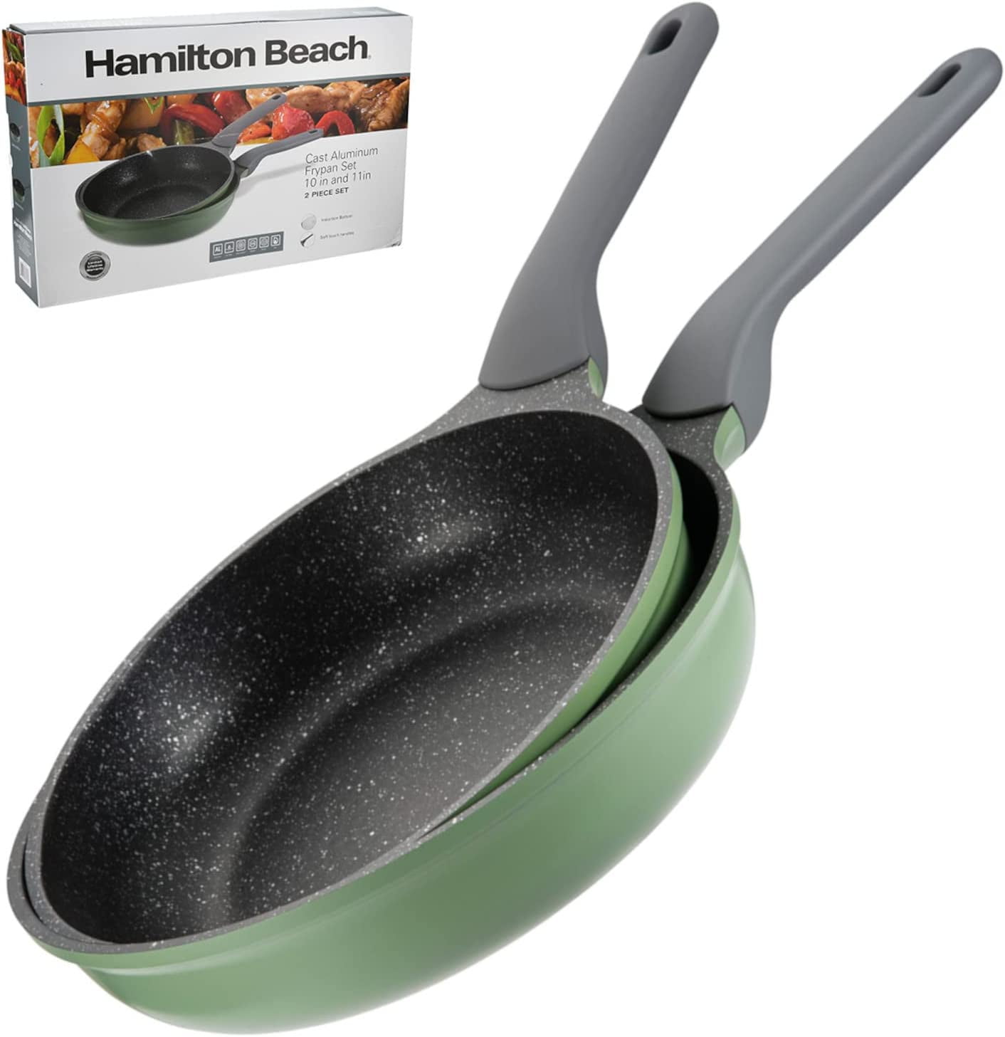 Hamilton Beach Frying Pan 2-Piece Set 10" &11", Green Non-Stick Die ...