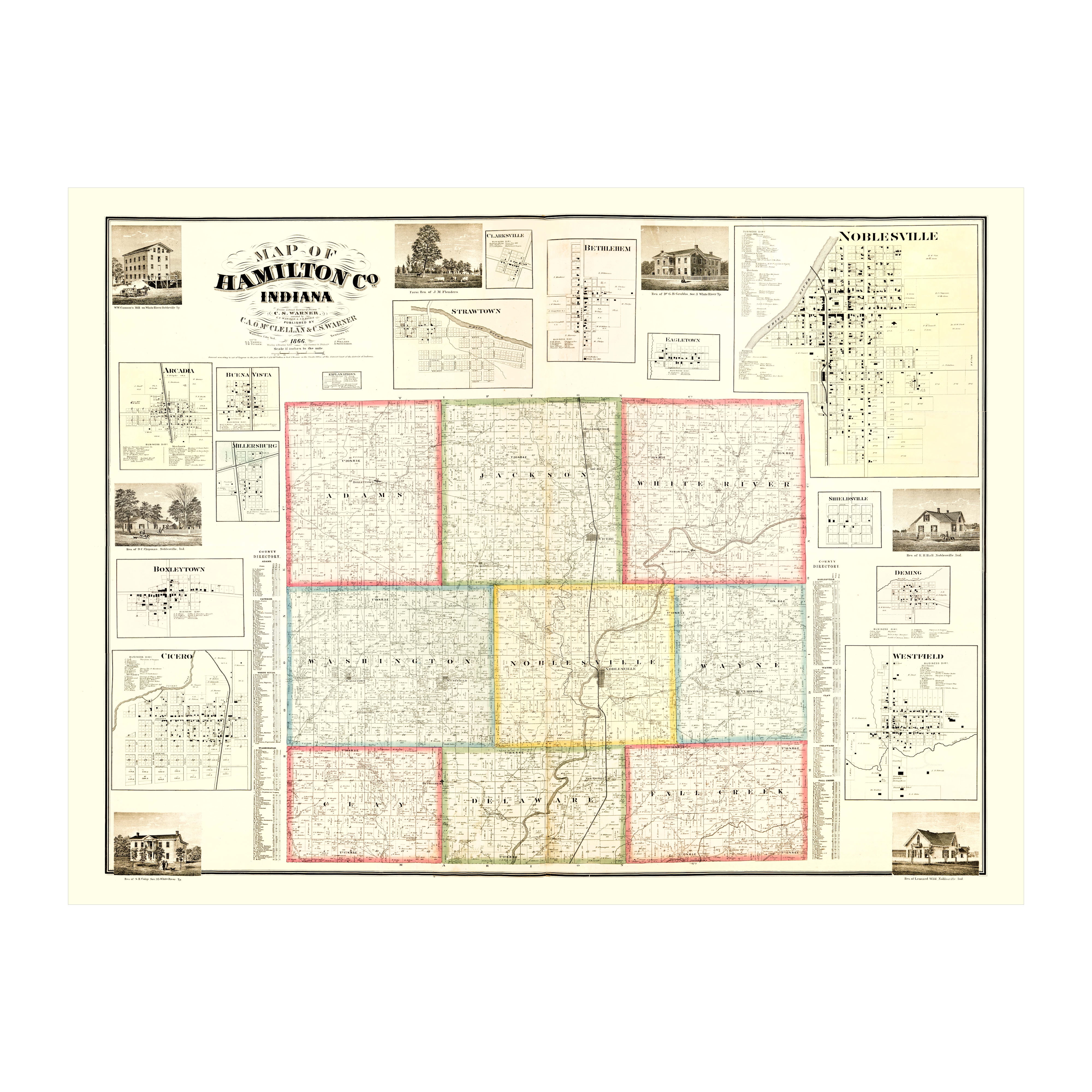 Hamilton County Indiana Art, 1866 Vintage Map of Hamilton County IN ...