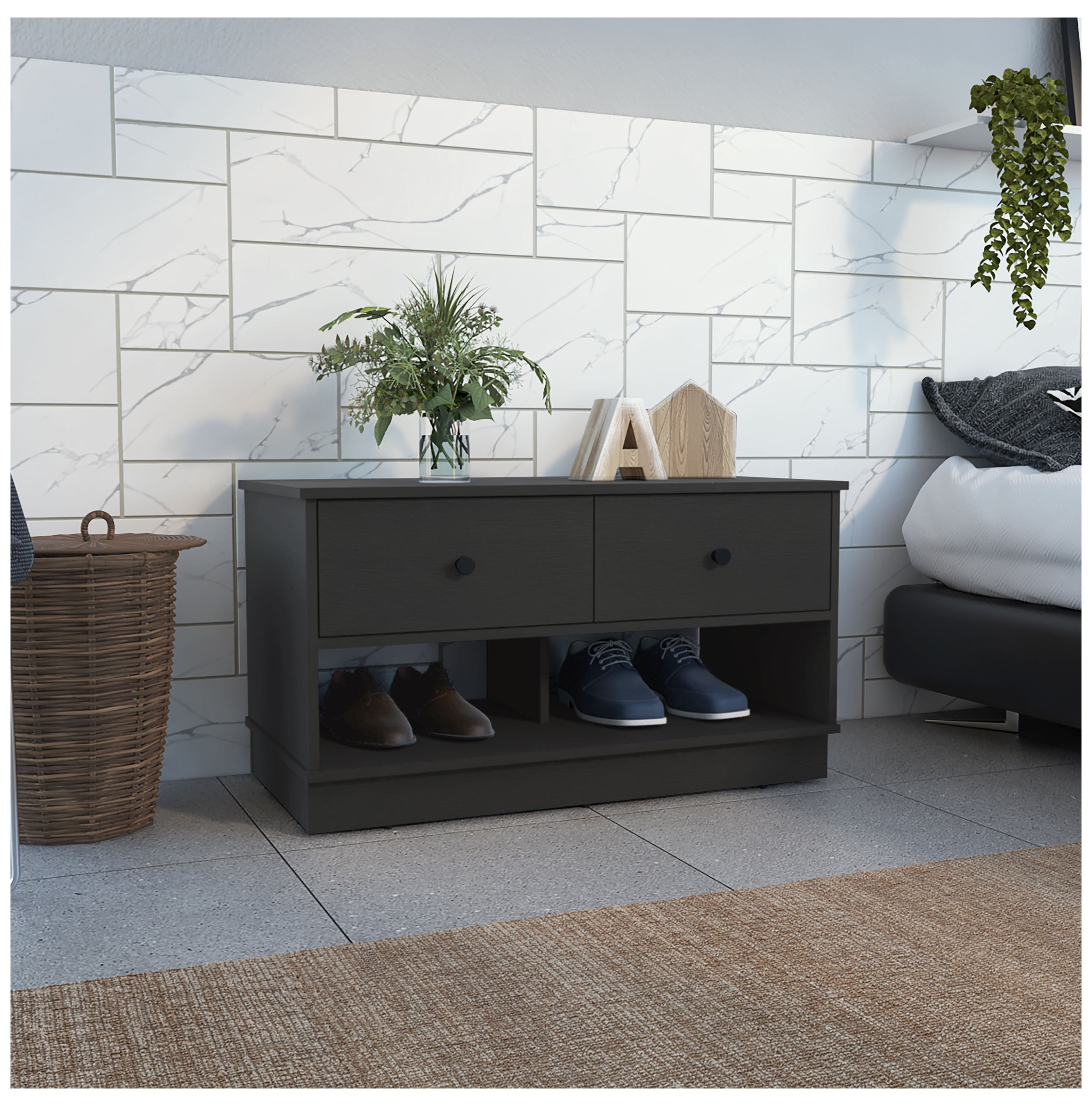 Hamilton Storage Bench with Drawers & Shelves - Black Entryway Bench ...