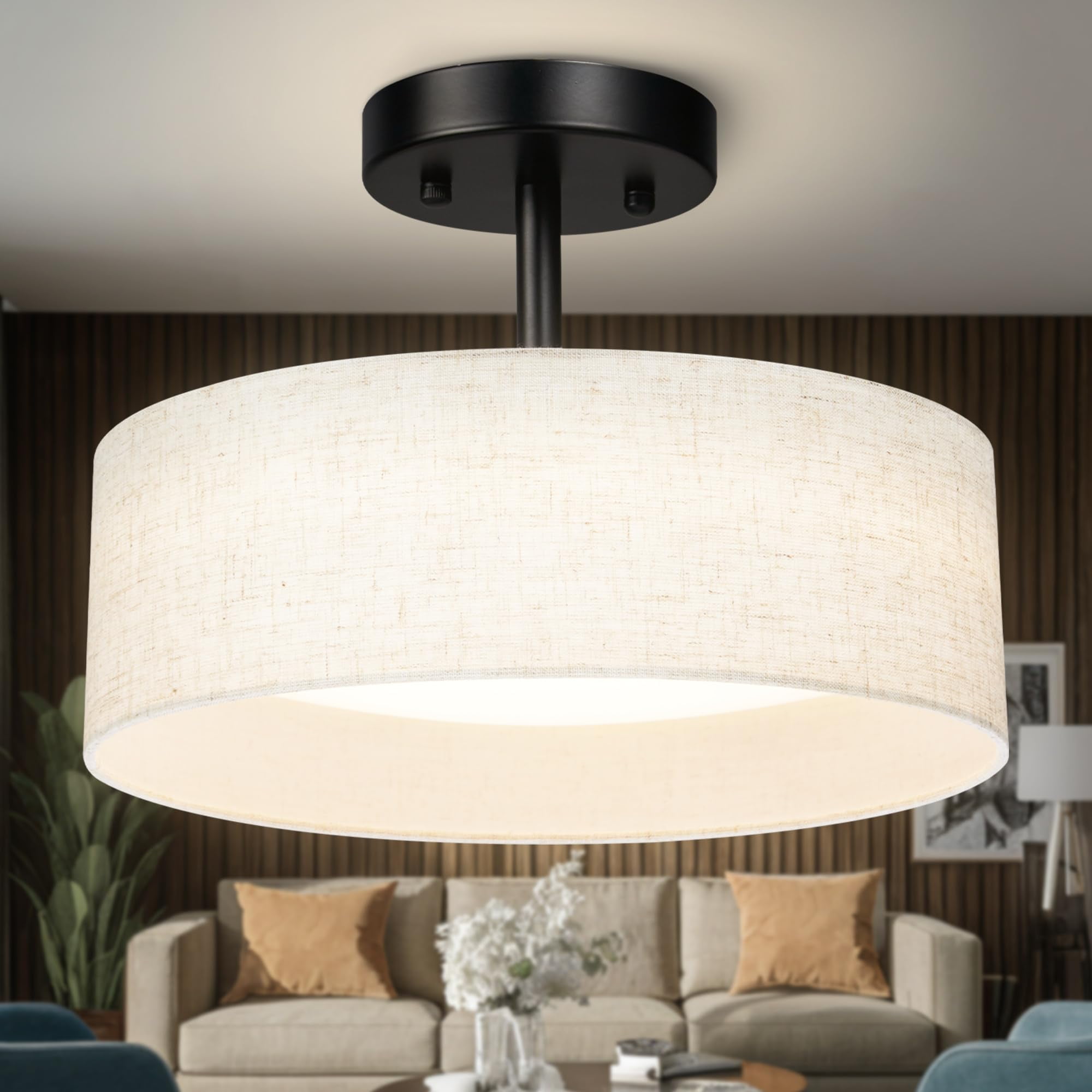 Hamilyeah Semi Flush Mount Ceiling Light with White Fabric Shade, 12 ...