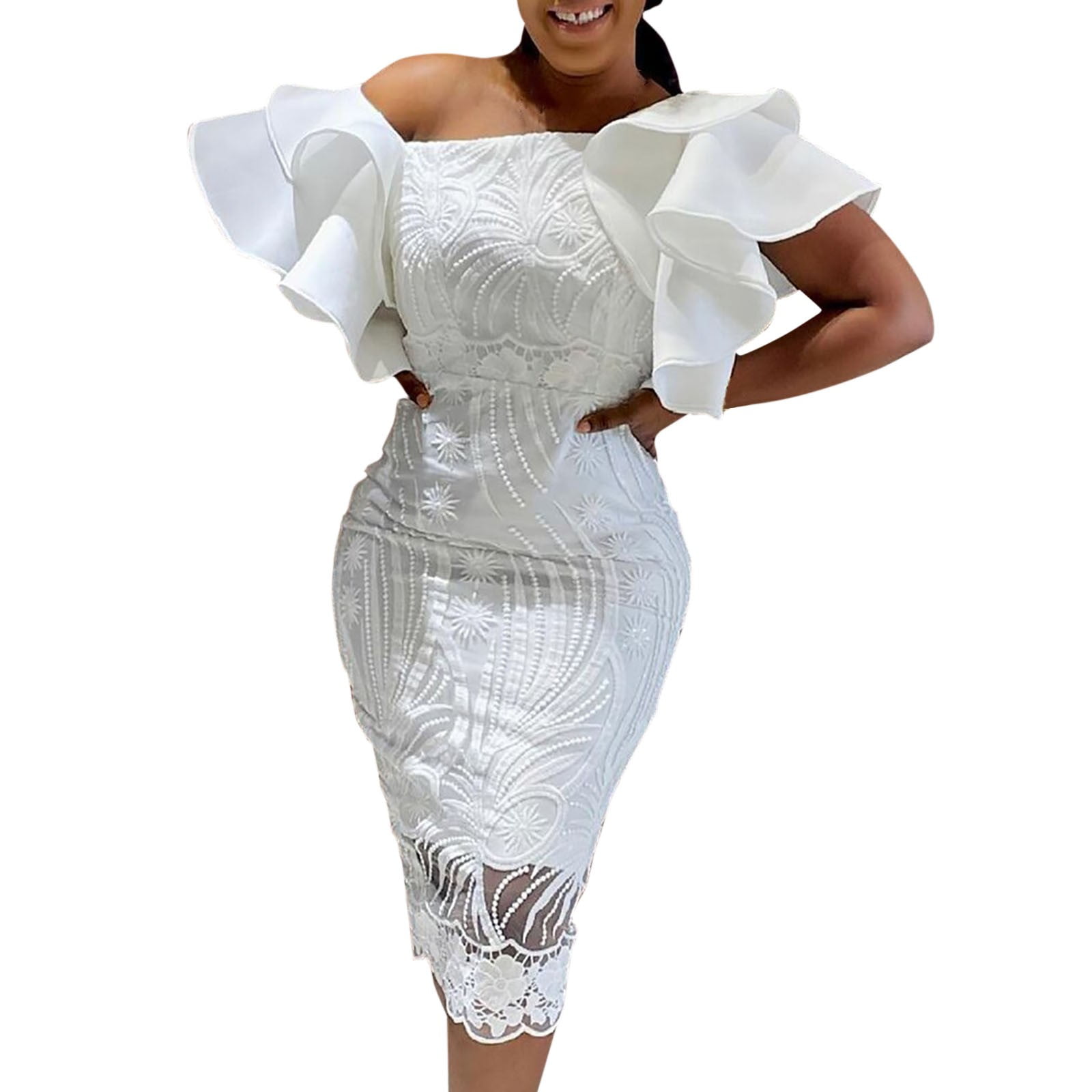 Hamky Bodycon Dress Midi Dress Short Sleeve Dress One Shoulder Ruffle ...