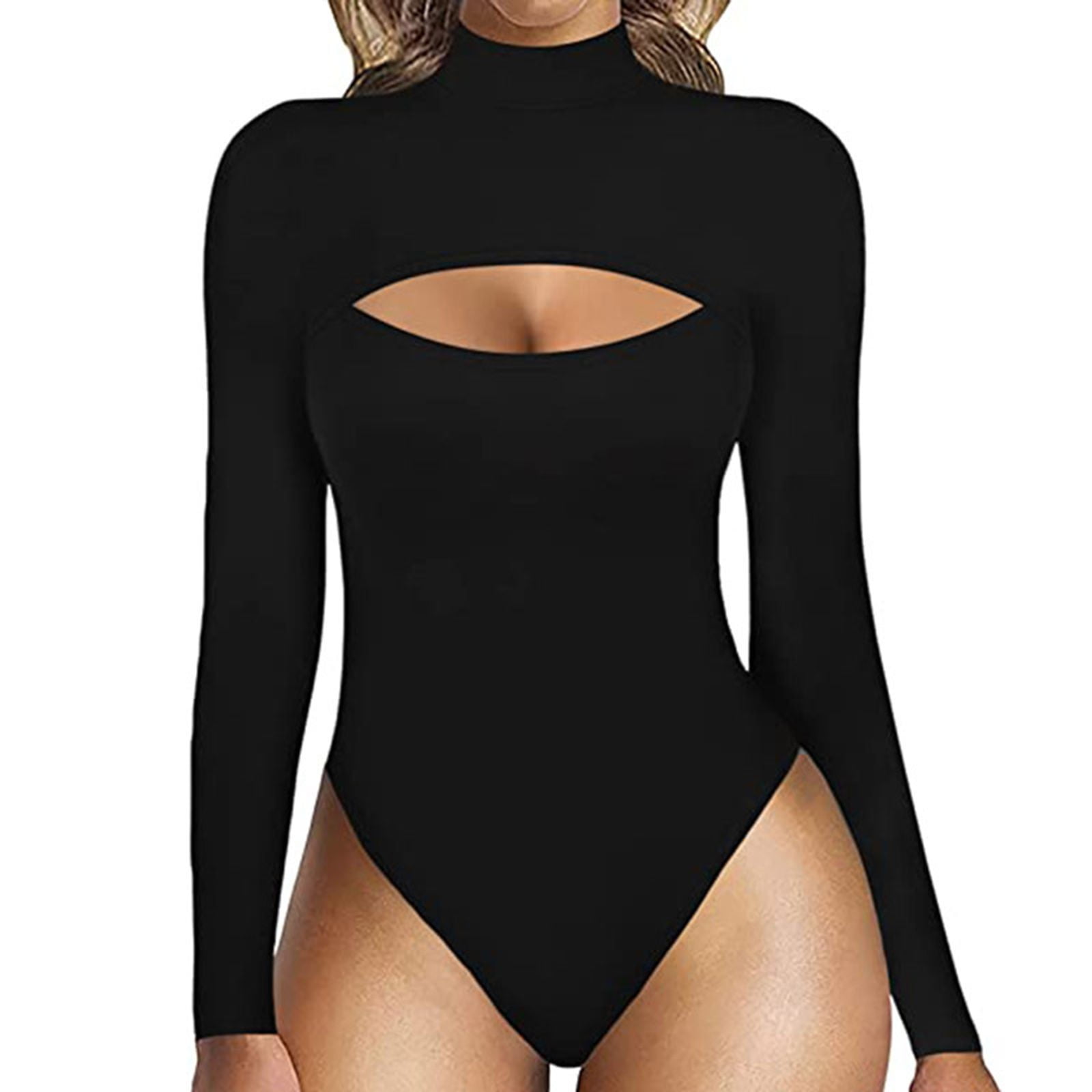 Hamky Bodysuits for Women,Shapewear Tummy Control,Neck Cutout Front T Shirt Long Sleeve Short ...
