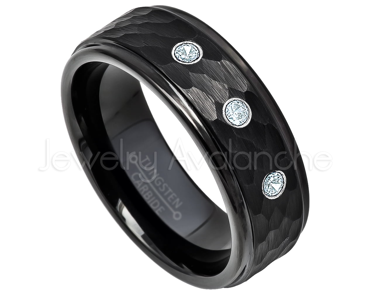 Hammered Black Tungsten Ring - 0.21ctw Aquamarine 3-stone Band ...