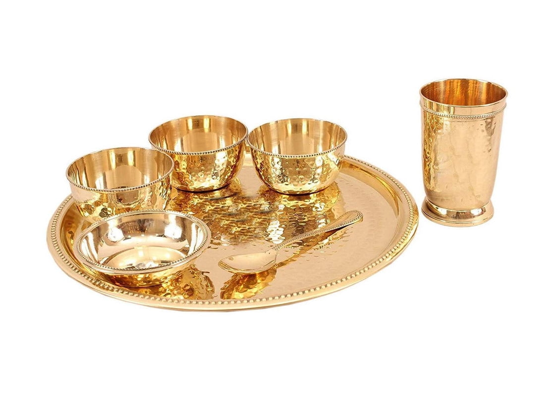 Hammered Brass Thali Set of 7 Pcs Including 3 Bowls 1 Glass 1 Plate 1 ...