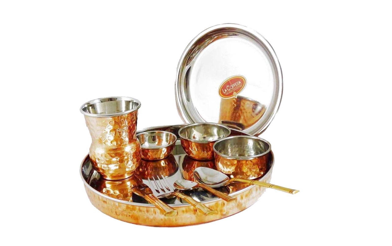 Hammered Copper Steel Thali Set of 10 Pcs Including 3 Bowls 1 Glass 1 ...