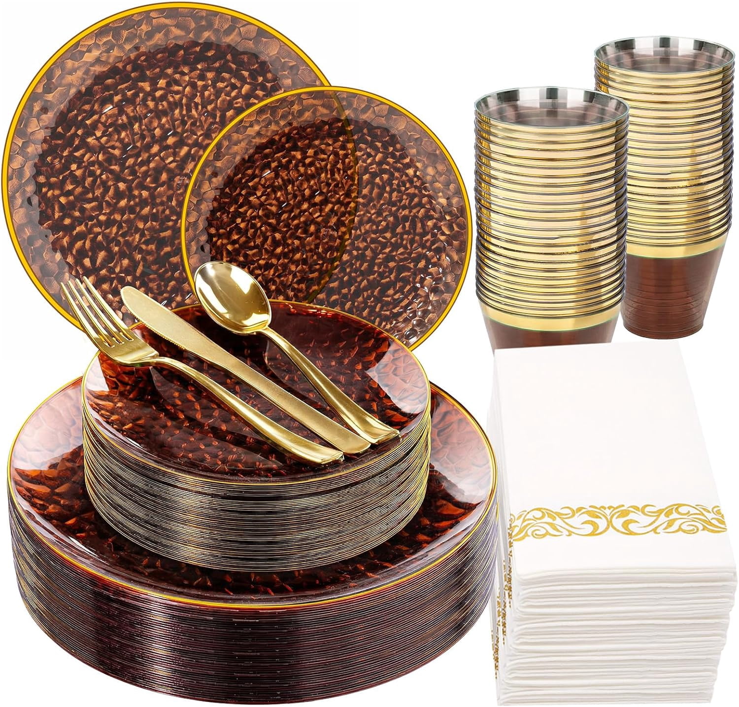 Hammered Disposable Plastic Dinnerware Set, Includes Plates, Silverware ...