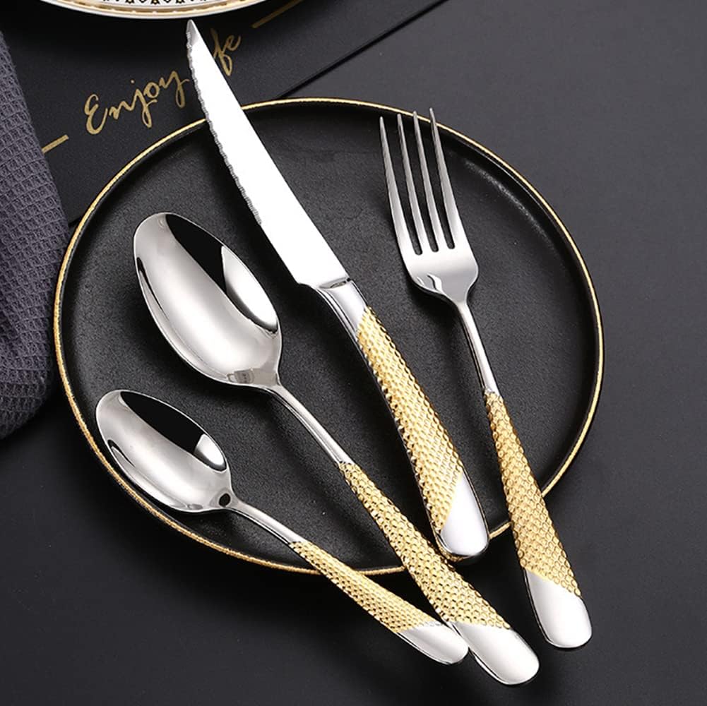 Hammered Gold Silverware Set 56 Piece Durable 18/10 Stainless Steel ...