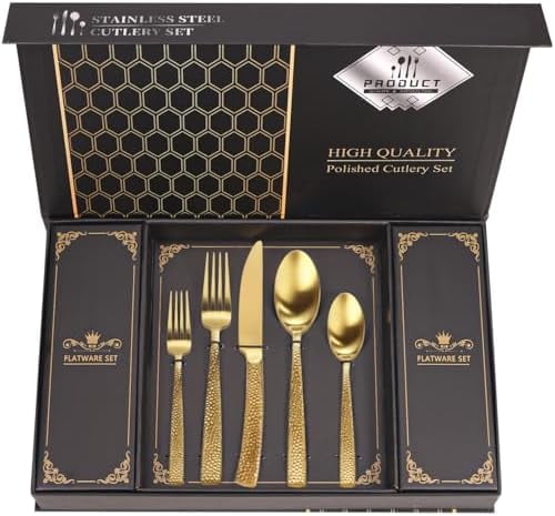 Hammered Gold Silverware Set With Gift Box For 8 Cutlery Set Utensils ...