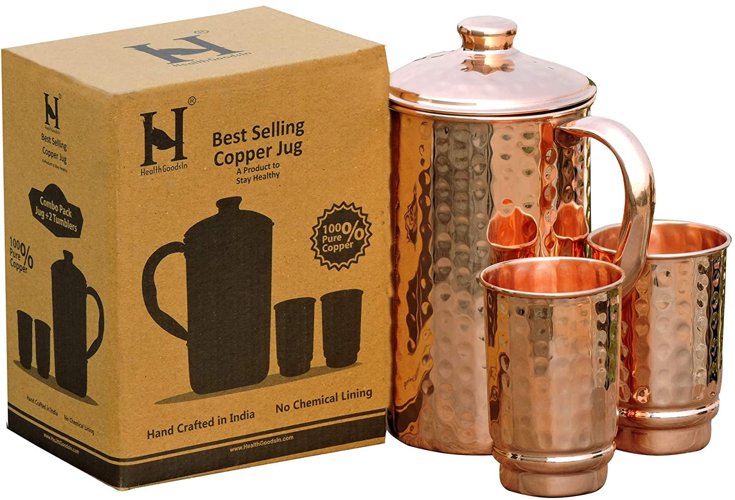 Pure Copper Ayurveda Drinking Set: Hammered Pitcher (50.4 fl oz) & 2 ...